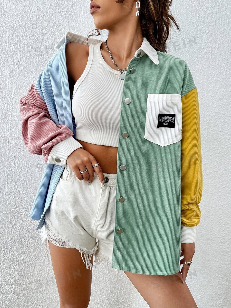 SHEIN EZwear Colorblock Drop Shoulder Letter Patched Corduroy Coat ...