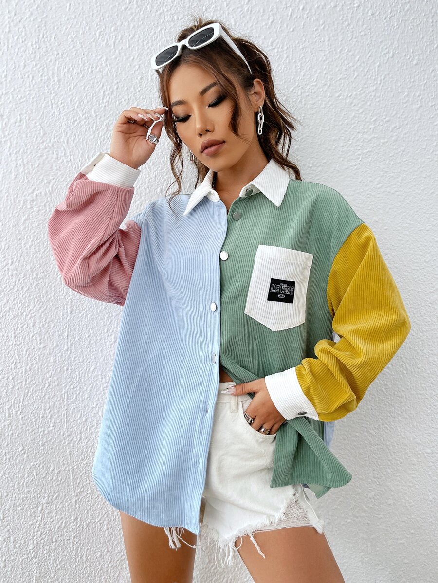 SHEIN EZwear Colorblock Drop Shoulder Letter Patched Corduroy Coat ...