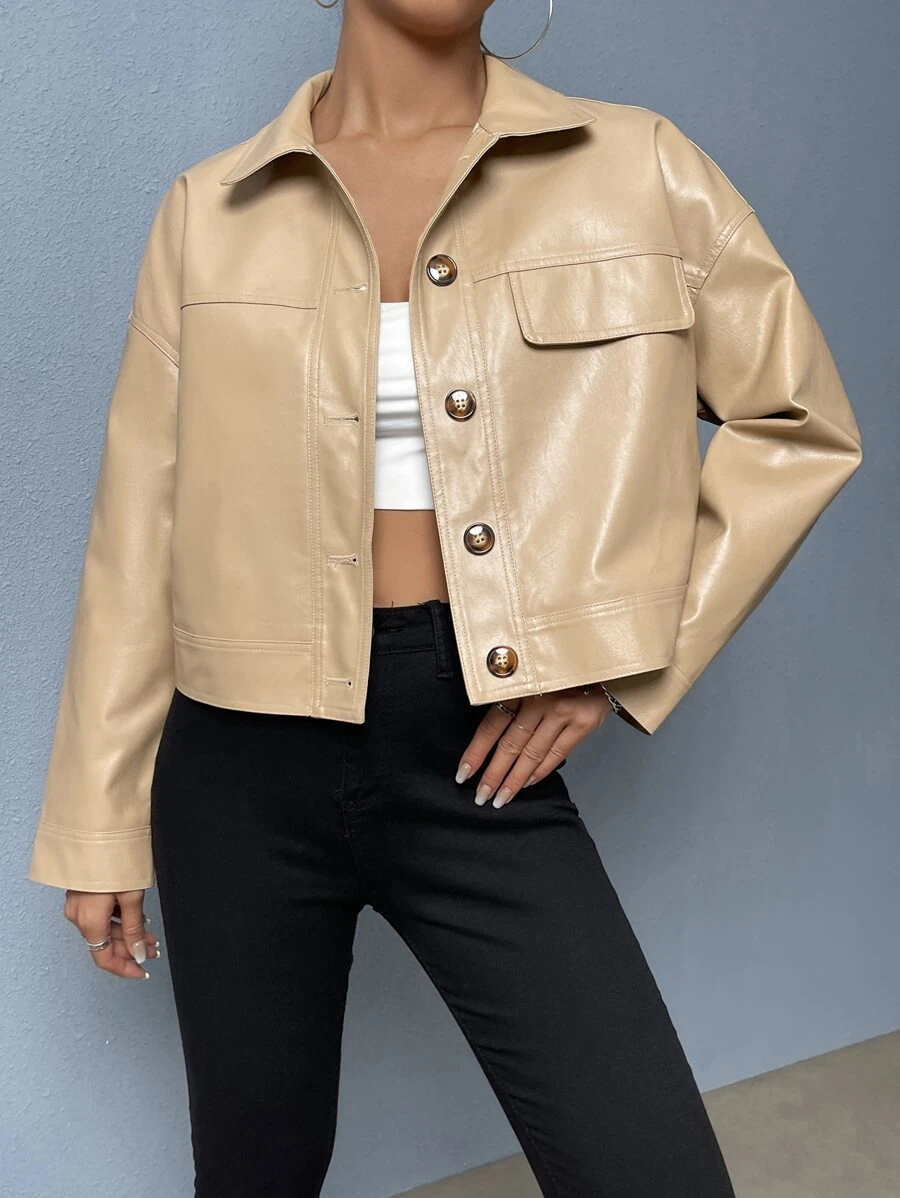 SHEIN Unity Drop Shoulder PU Leather Jacket | SHEIN USA
