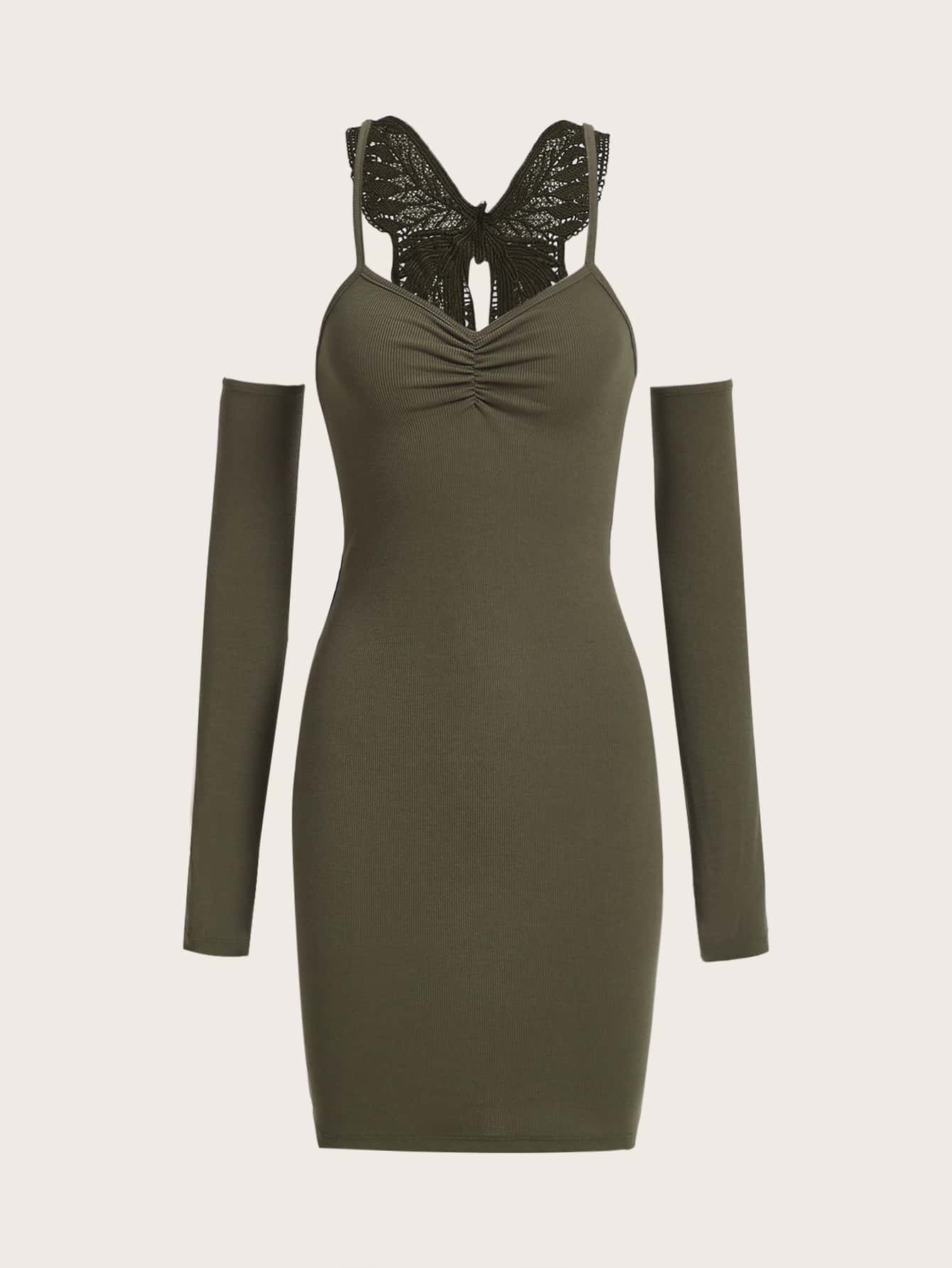 SHEIN ICON Grunge Butterfly Embroidery Bodycon Dress With Arm Sleeves ...