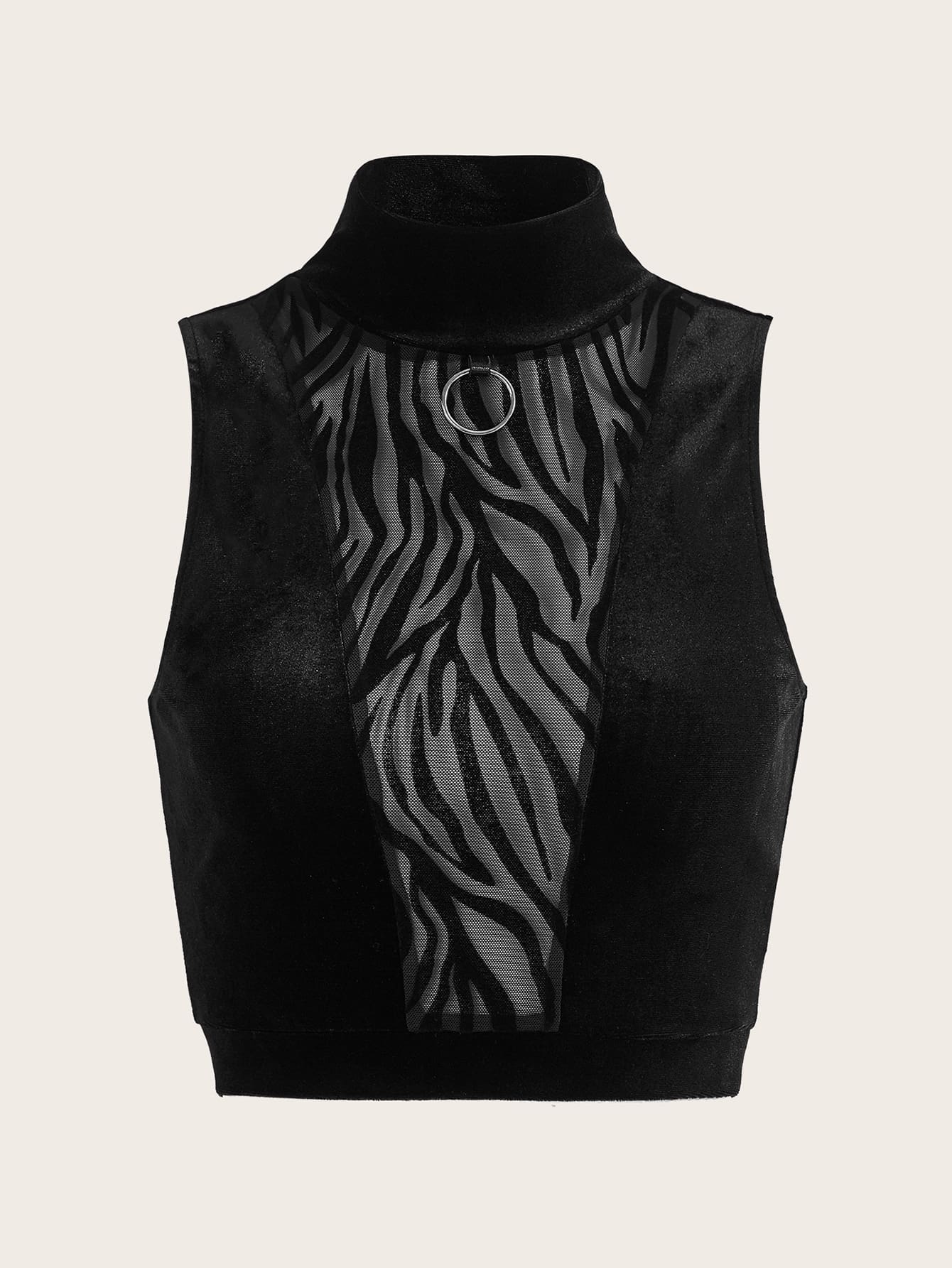 1pc Contrast Mesh Mock Neck Crop Tank Top