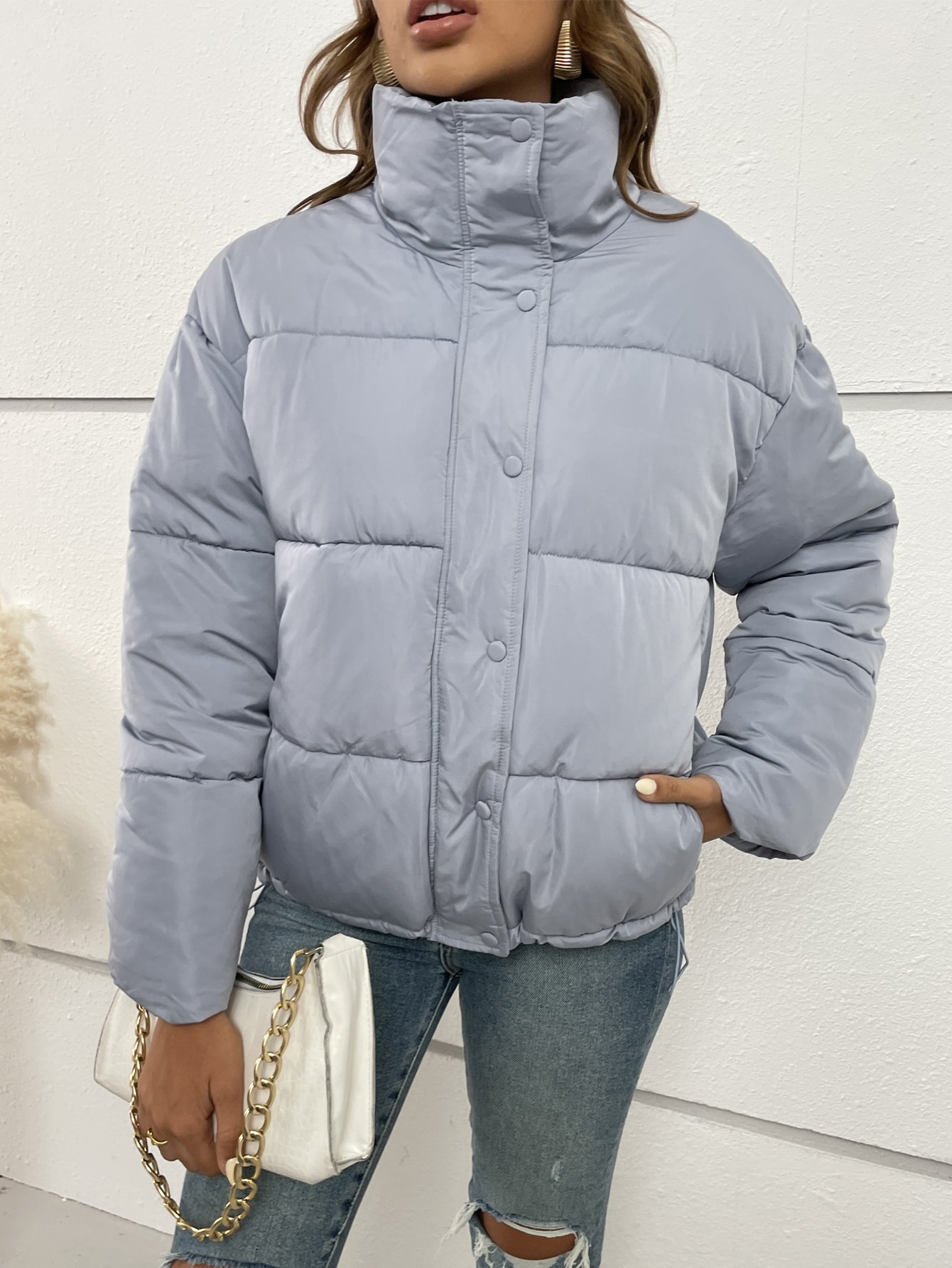 Drop Shoulder Zipper Puffer Coat | SHEIN UK