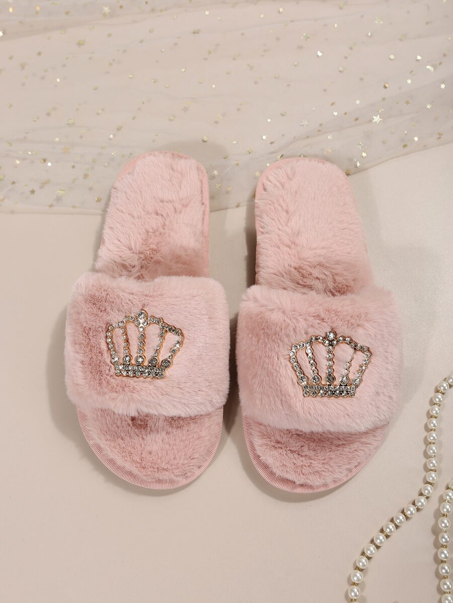 Rhinestone Crown Decor Fluffy Bedroom Slippers | SHEIN USA