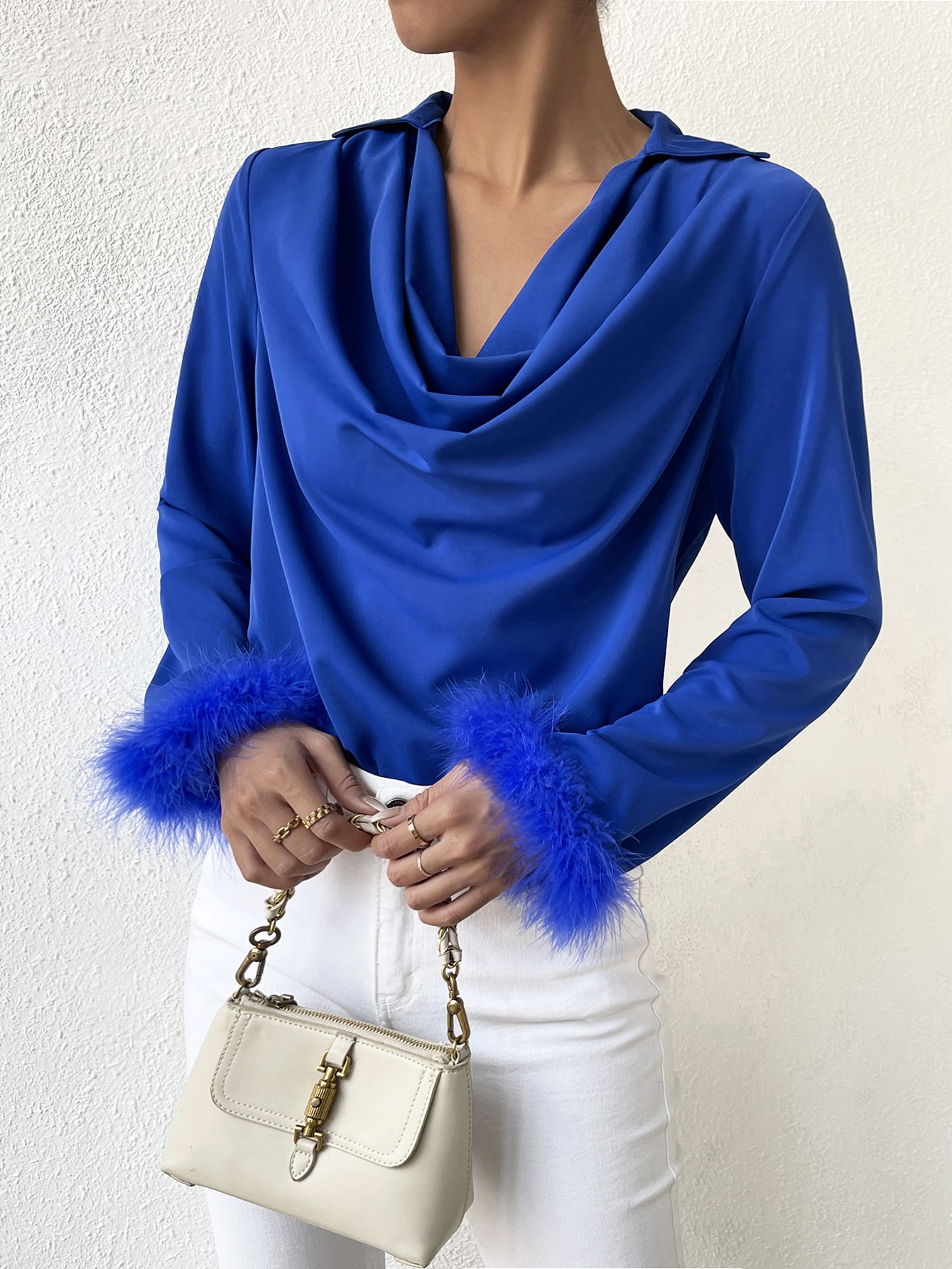 Draped Collar Fuzzy Cuff Blouse | SHEIN USA