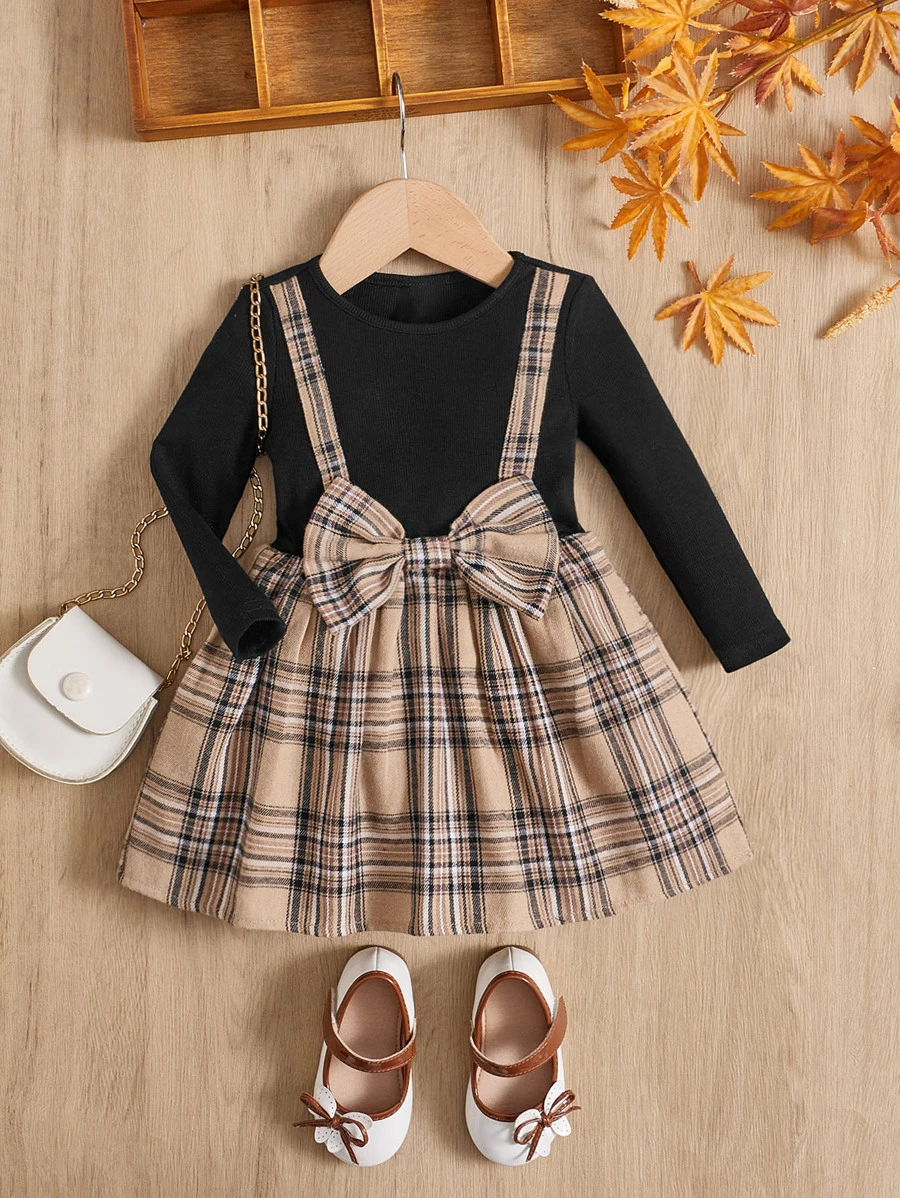 SHEIN Baby Girl Plaid Bow Front 2 In 1 Dress | SHEIN USA