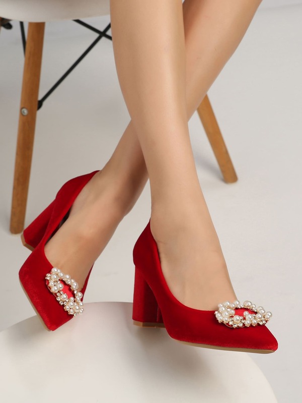 Rhinestone & Faux Pearl Decor Velvet Court Pumps | SHEIN USA