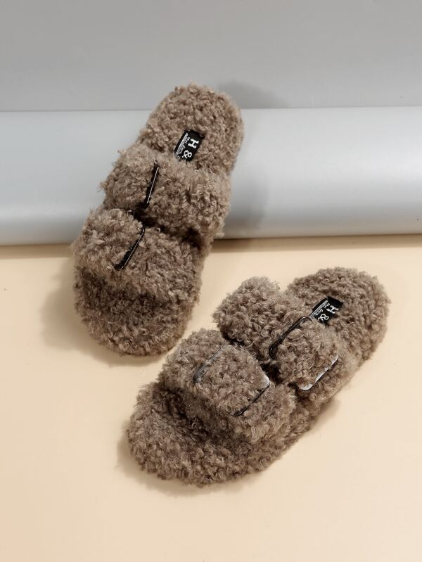 Buckle Decor Fluffy Bedroom Slippers, Mocha Elegant Buckle Design Solid ...