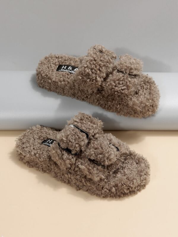 Buckle Decor Fluffy Bedroom Slippers, Mocha Elegant Buckle Design Solid ...