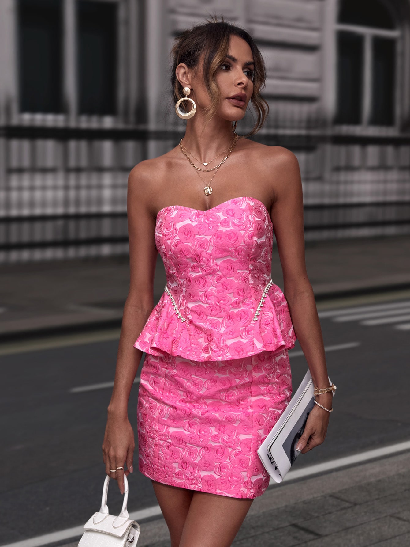 Floral Jacquard Peplum Tube Top & Bodycon Skirt