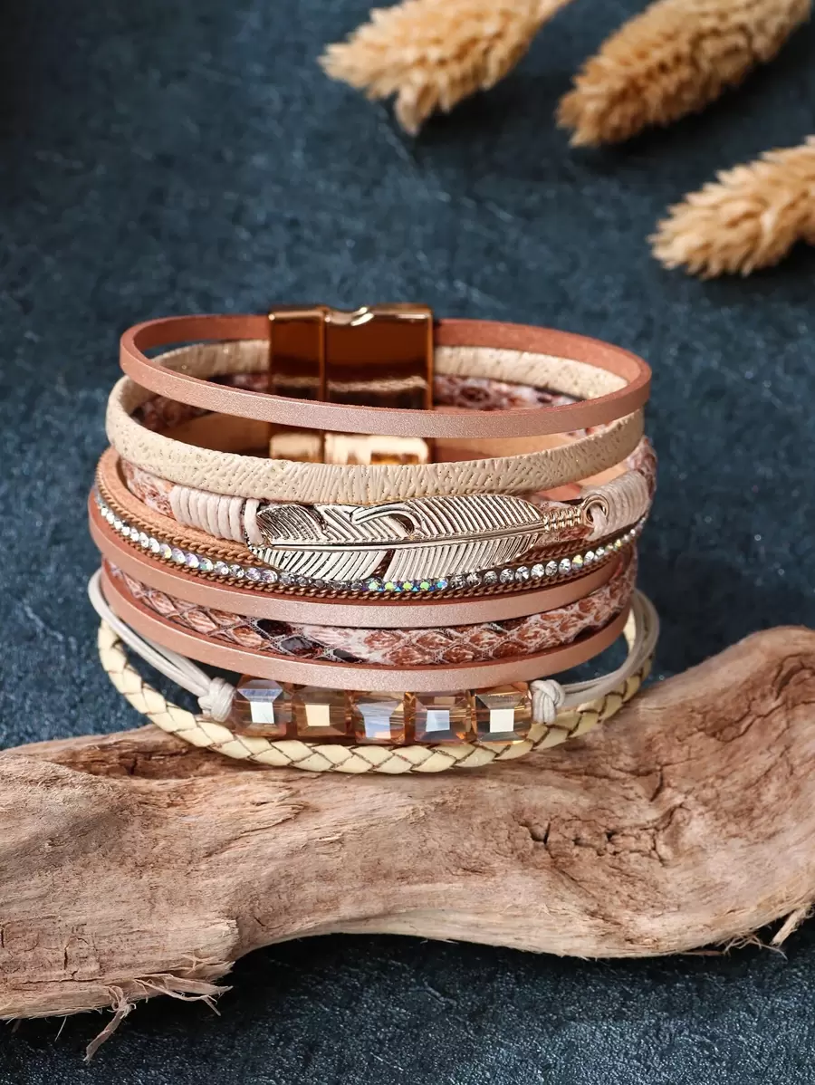 Rhinestone & Leaf Decor Layered Bracelet | SHEIN USA