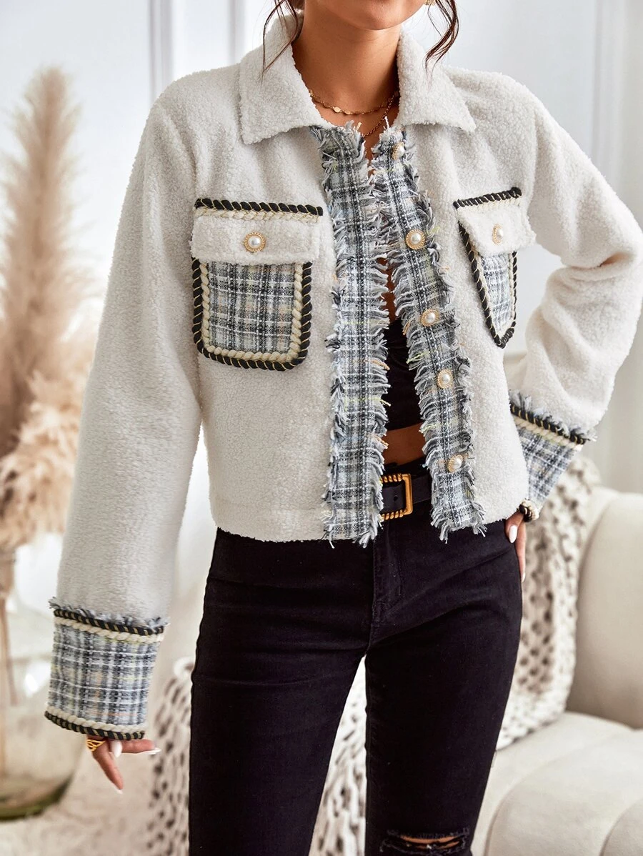 SHEIN LUNE Plaid Panel Raw Cut Flap Pocket Teddy Jacket | SHEIN USA