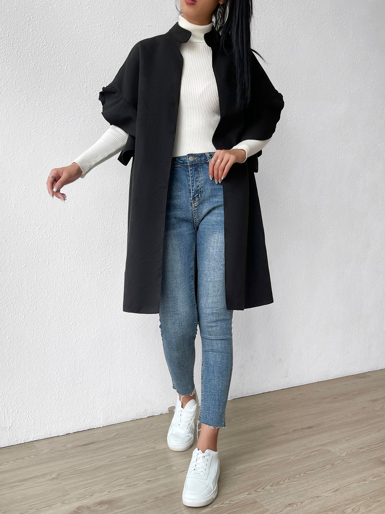 Ruffle Trim Batwing Sleeve Open Front Overcoat | SHEIN USA