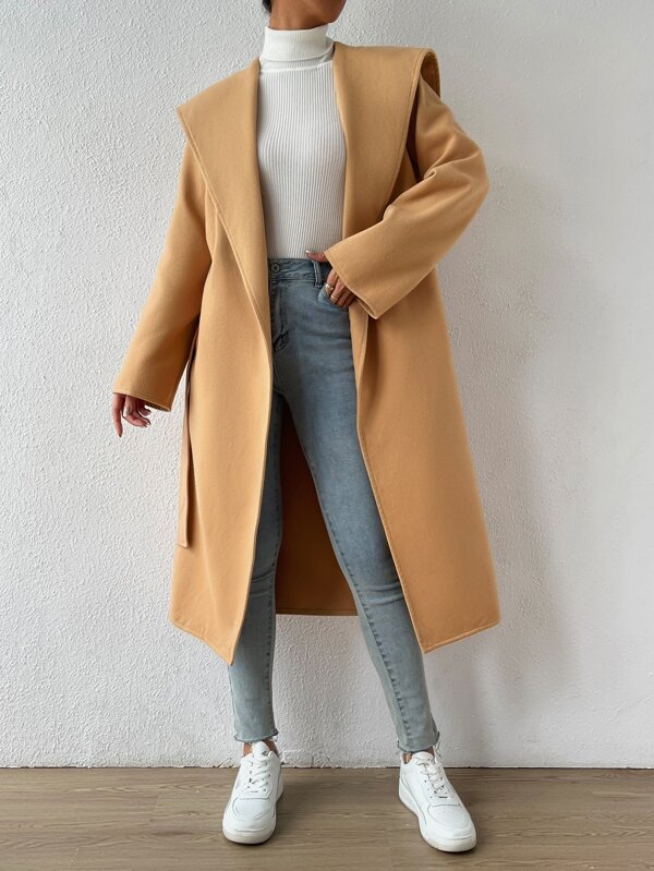 Waterfall Collar Open Front Belted Overcoat Shein Usa