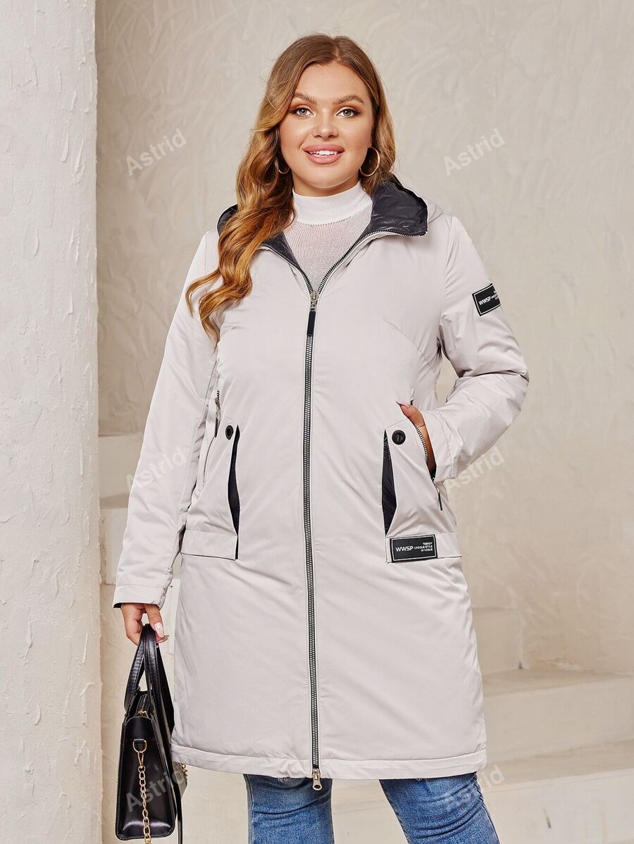 Astrid Plus Letter Patched Zipper Front Hooded Padded Coat | SHEIN USA