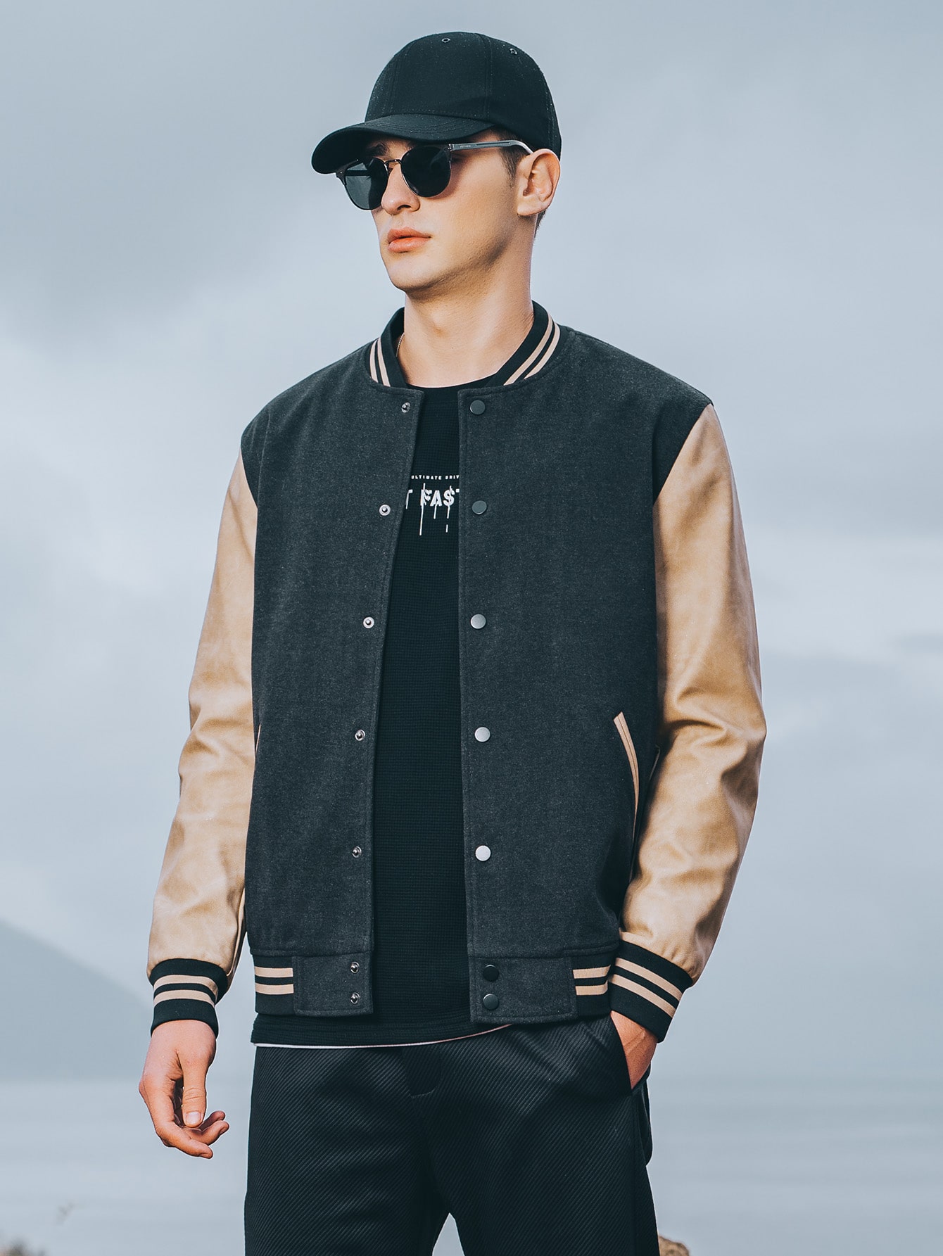 Men Color Block Striped Trim PU Leather Sleeve Varsity Jacket | SHEIN USA