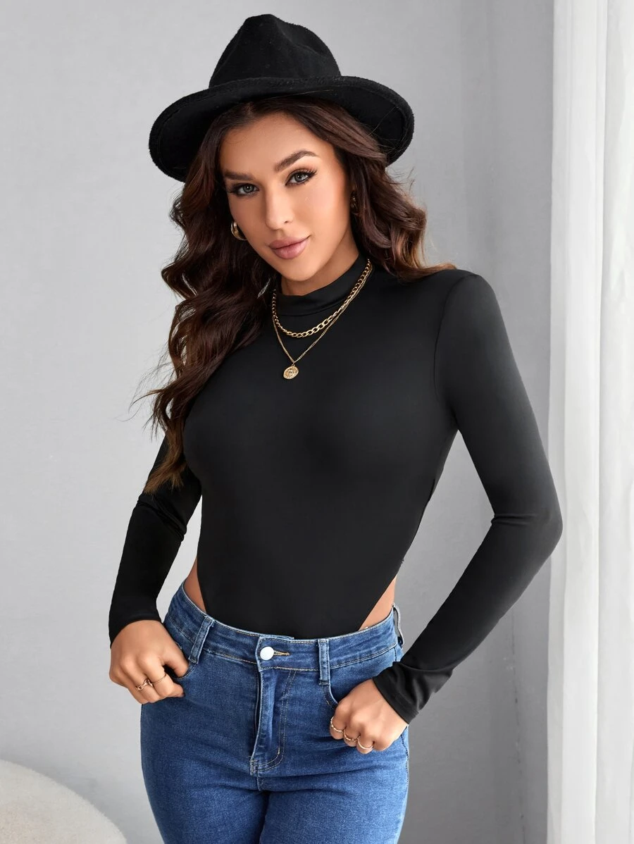 Mock Neck Backless High Cut Bodysuit | SHEIN USA