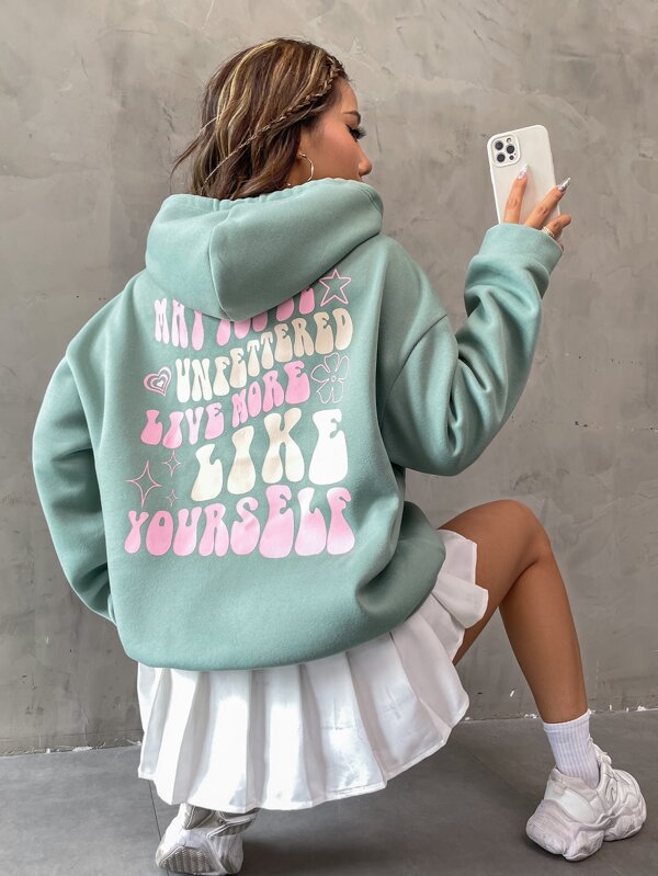 Shein Ezwear Slogan Graphic Drop Shoulder Drawstring Hoodie Shein Usa