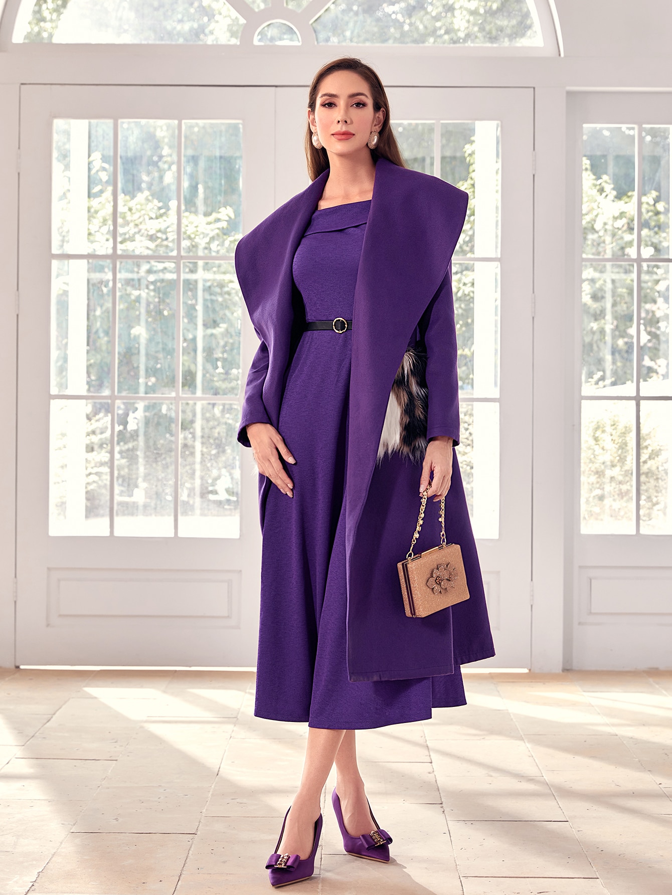 Shein Modely Waterfall Collar Fuzzy Pocket Patched Belted Overcoat