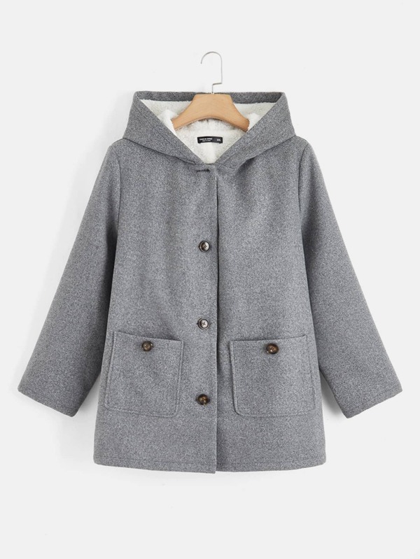 Shein Ezwear Plus Pocket Patched Teddy Lined Hooded Coat Shein