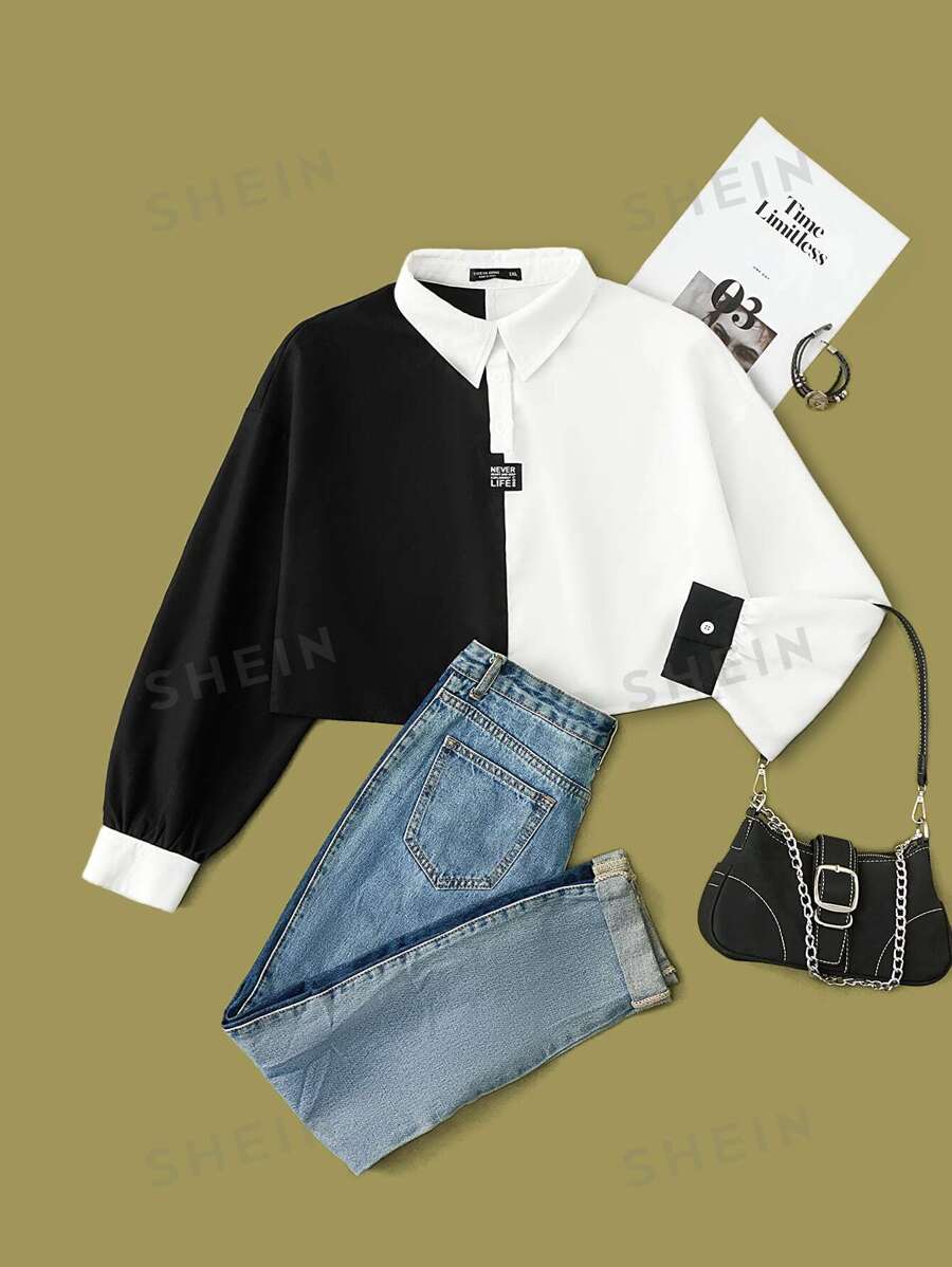 Shein Ezwear Plus Two Tone Drop Shoulder Crop Top Shein Uk