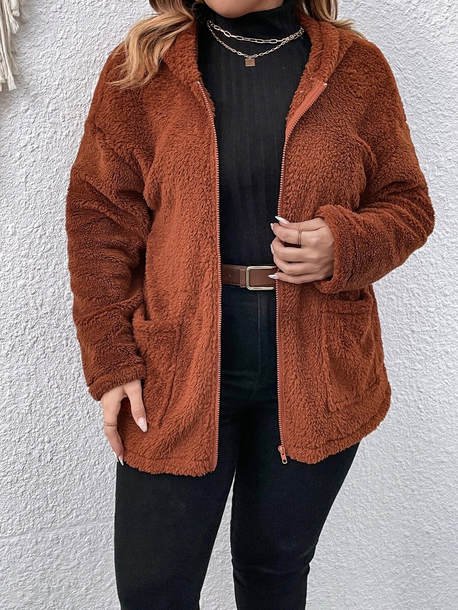 SHEIN LUNE Plus Dual Pocket 3D Ear Design Teddy Coat | SHEIN USA