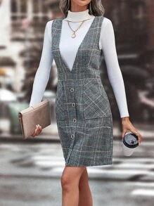 SHEIN Unity Tweed Slant Pockets Button Front Overall Dress Without ...