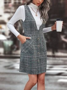 SHEIN Unity Tweed Slant Pockets Button Front Overall Dress Without ...