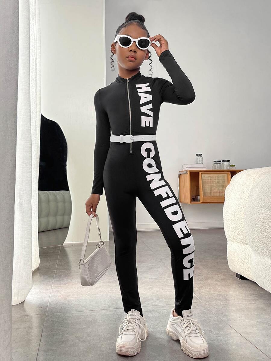 SHEIN Tween Girl Letter Graphic Zipper Unitard Jumpsuit Without Belt ...