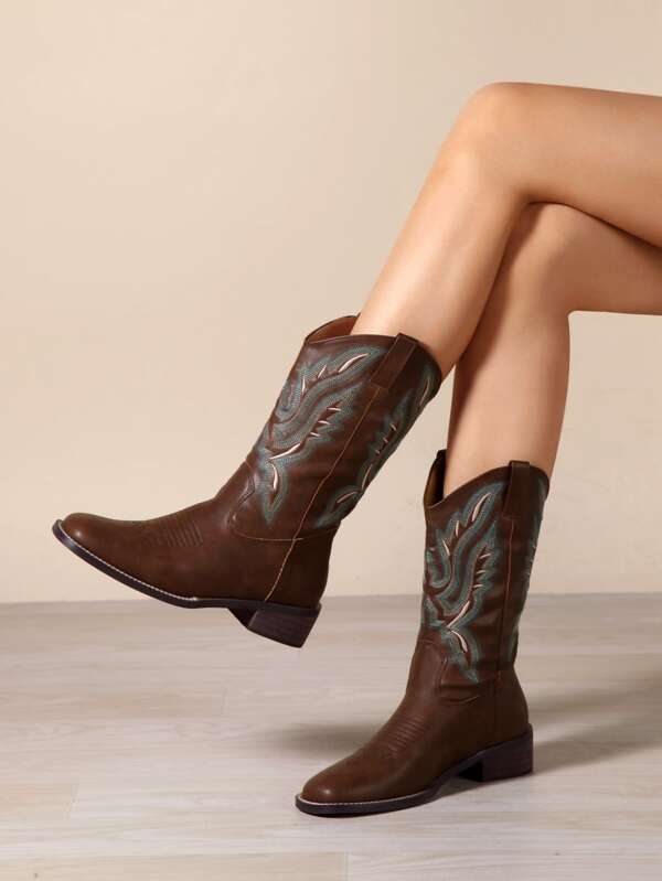 SHEIN Botas a media pantorrilla bordadas gráficas para mujer, botas ...