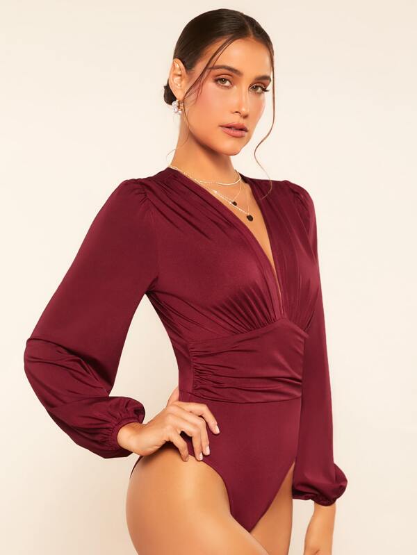 Shein Bae Ruched Plunging Neck Lantern Sleeve Bodysuit Shein Usa
