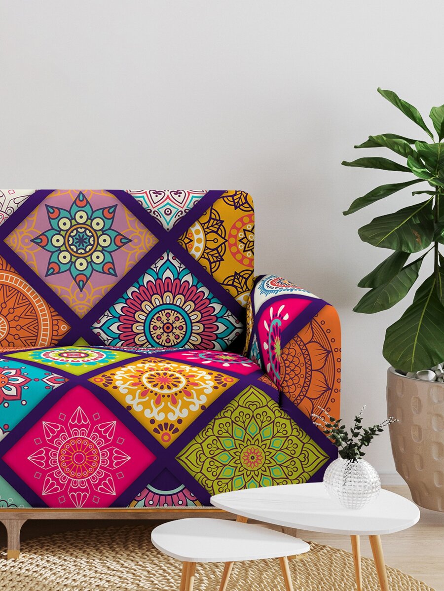 1pc Vintage Geometric Pattern Sofa Slipcover, Mandala Print Sofa Cover ...