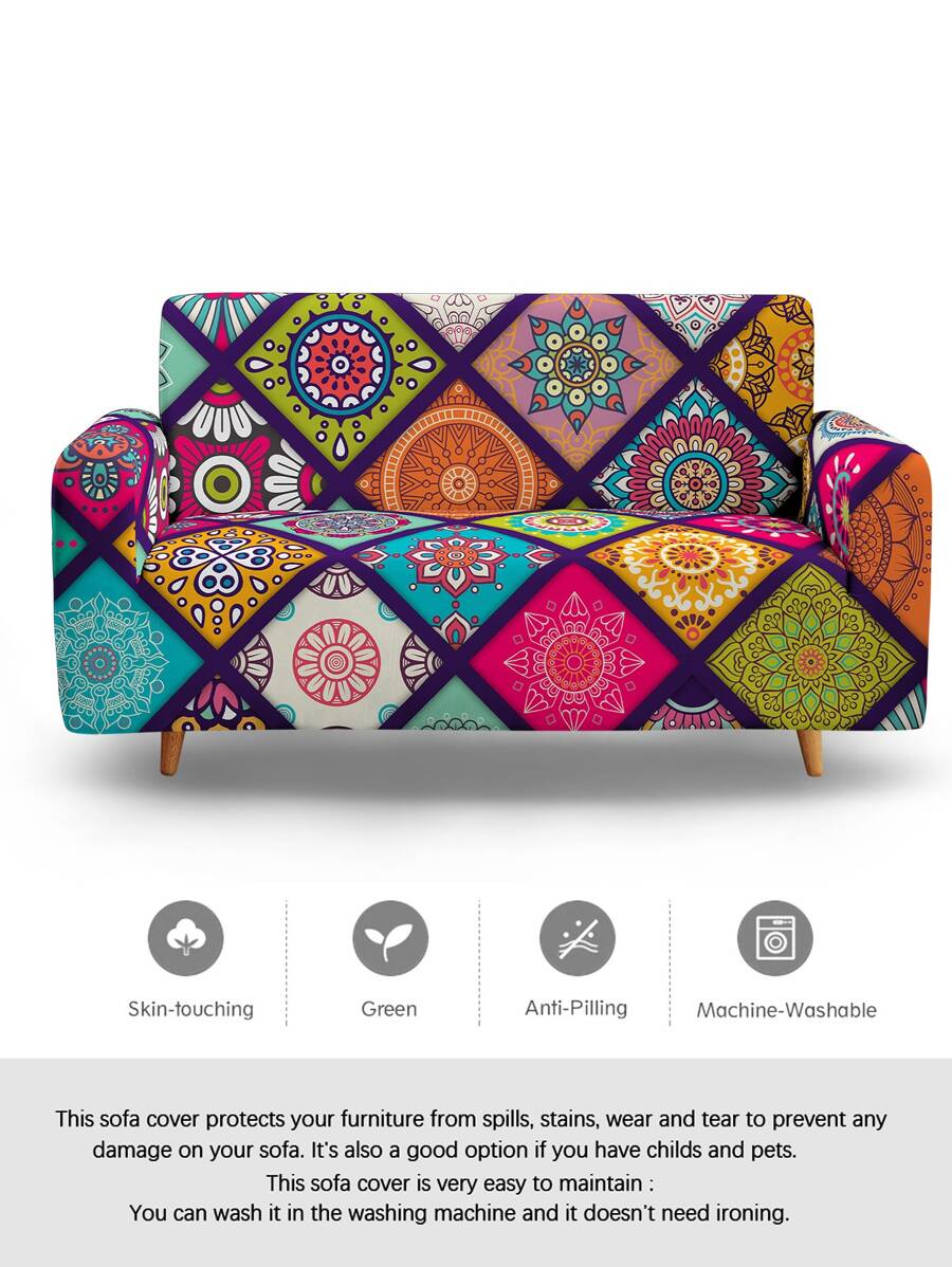 1pc Vintage Geometric Pattern Sofa Slipcover, Mandala Print Sofa Cover ...