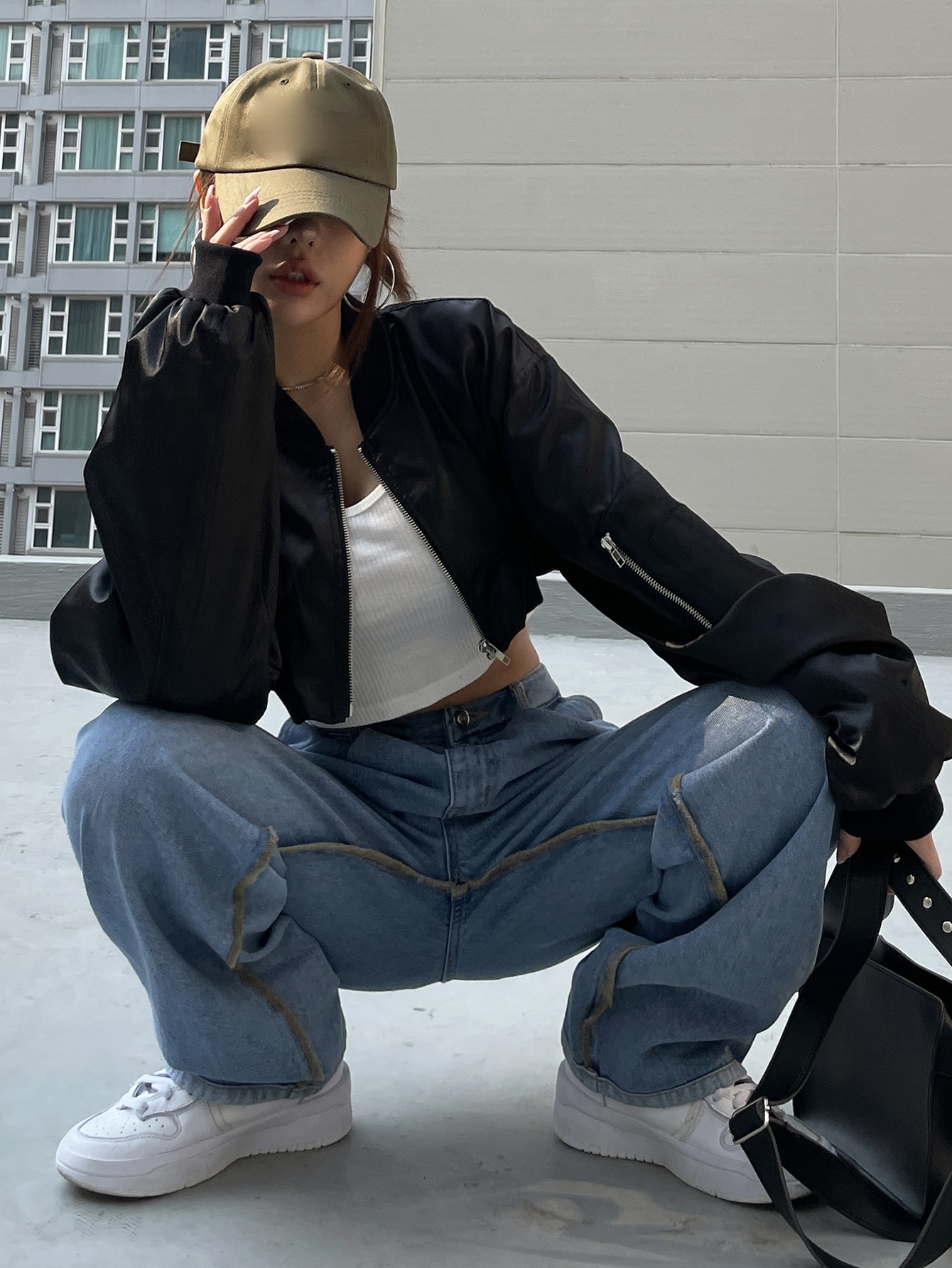 DAZY Kpop Zip Up Drop Shoulder Crop Bomber Jacket | SHEIN UK