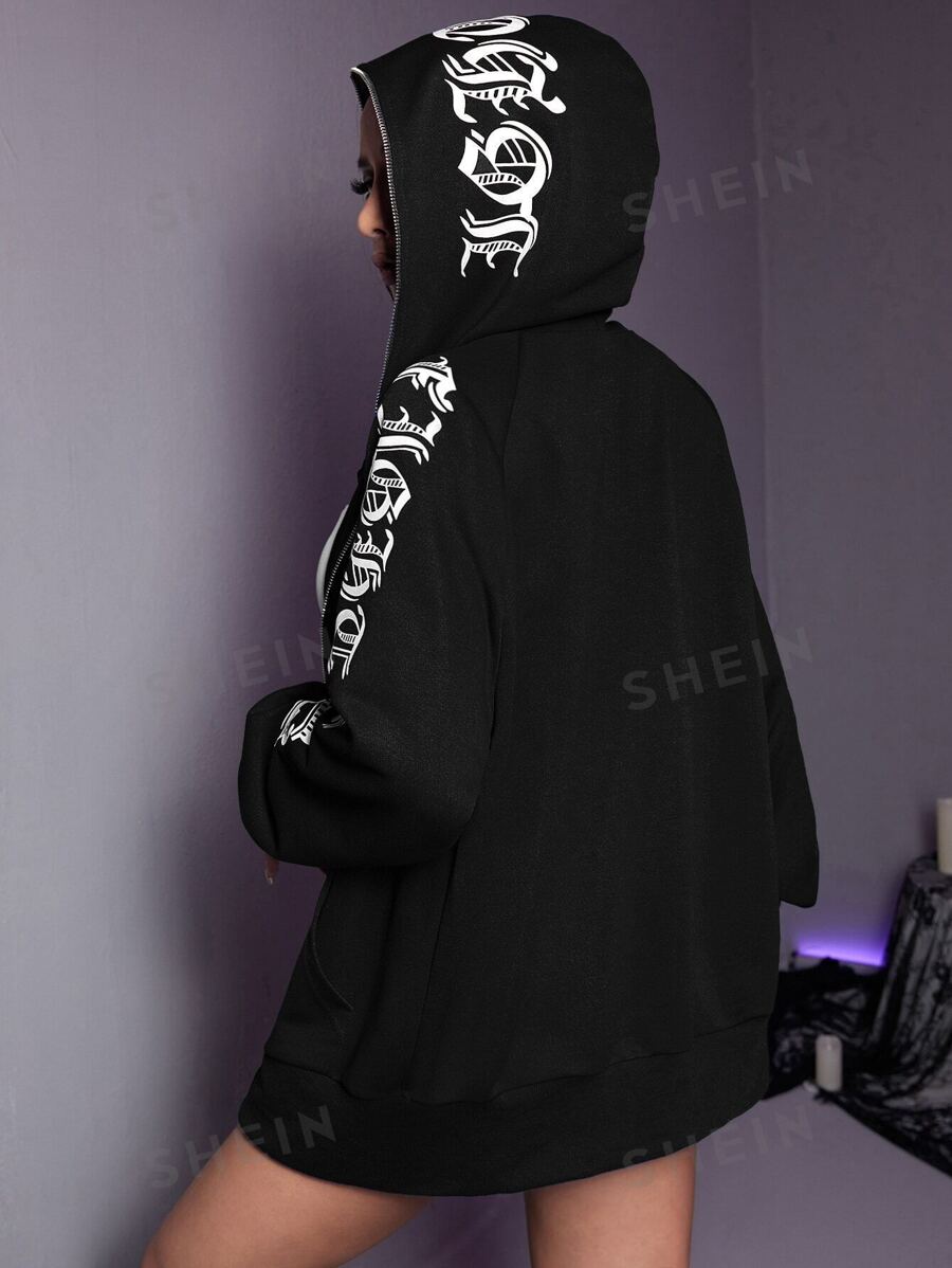 SHEIN ICON Black Letter Graphic Zip Up Raglan Sleeve Hoodie | SHEIN UK