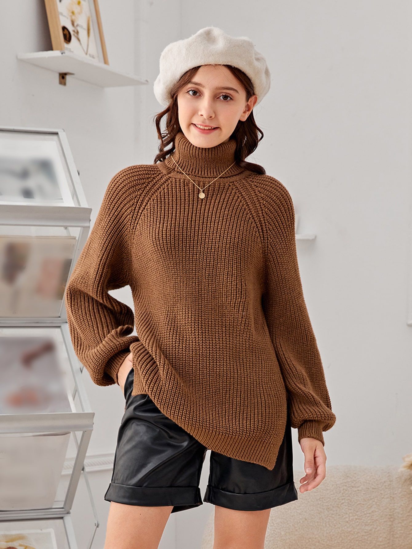 SHEIN Teen Girls High Neck Raglan Sleeve Sweater
