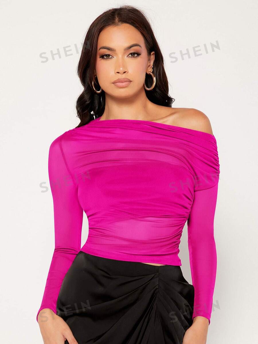 SHEIN Privé Asymmetrical Neck Ruched Mesh Top | SHEIN USA