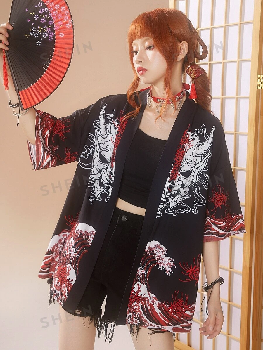 ROMWE J-Fashion Wave & Mask Print Drop Shoulder Open Front Kimono ...