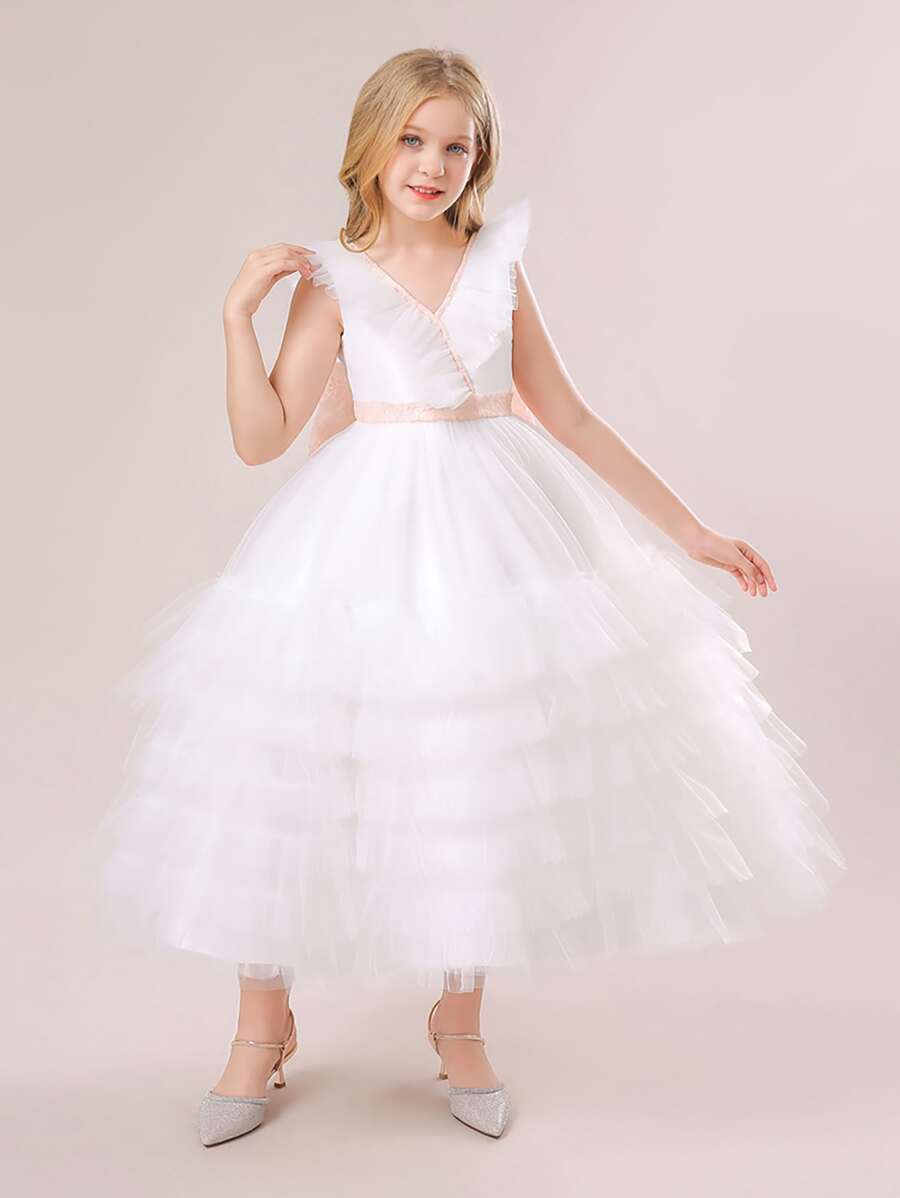 Vestido largo de satén con encaje y cuello en V para niña ...