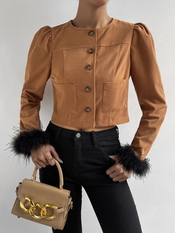 Fuzzy Cuff Puff Sleeve Crop Corduroy Jacket | SHEIN USA