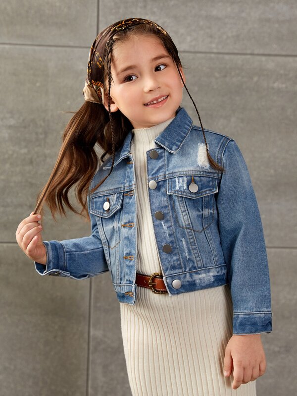 Young Girl Vintage Basic Distressed Short Denim Jacket For Daily Wear ...