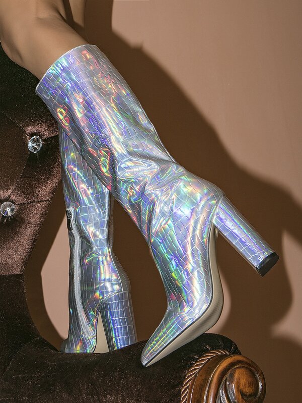 Holographic Crocodile Embossed Point Toe Chunky Heeled Classic Boots ...