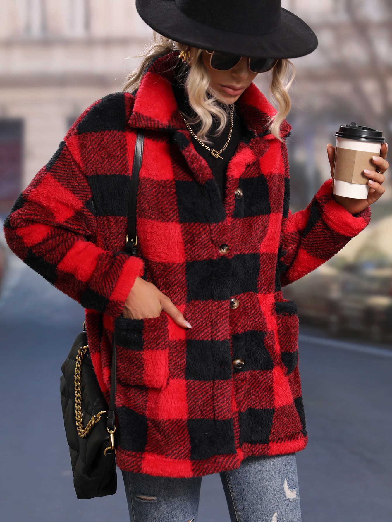 SHEIN LUNE Buffalo Plaid Pattern Dual Pocket Drop Shoulder Flannel Coat | SHEIN USA