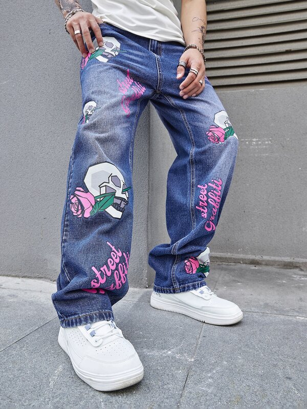 Manfinity EMRG Men Cotton Skull And Floral Print Wide Leg Jeans | SHEIN