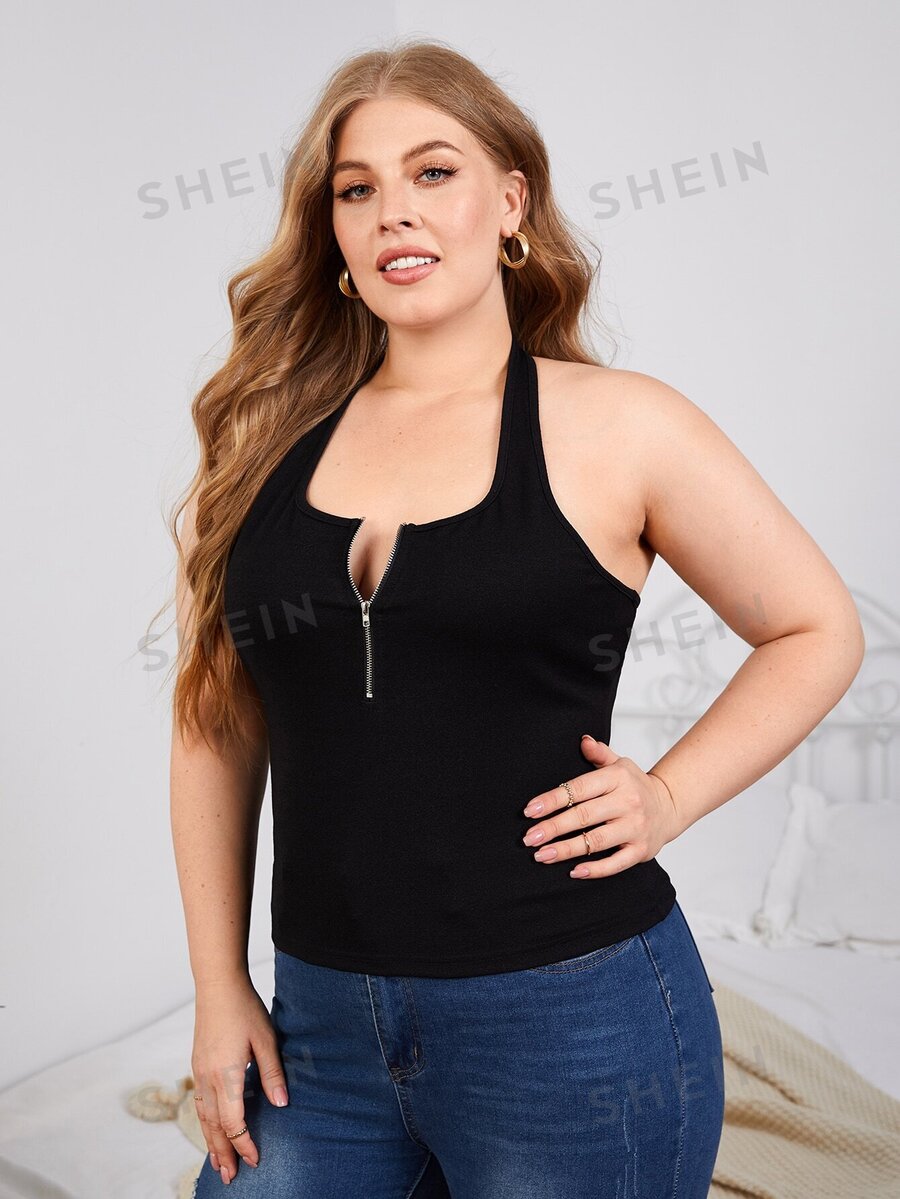 SHEIN Privé Plus Half Zip Halter Top | SHEIN UK