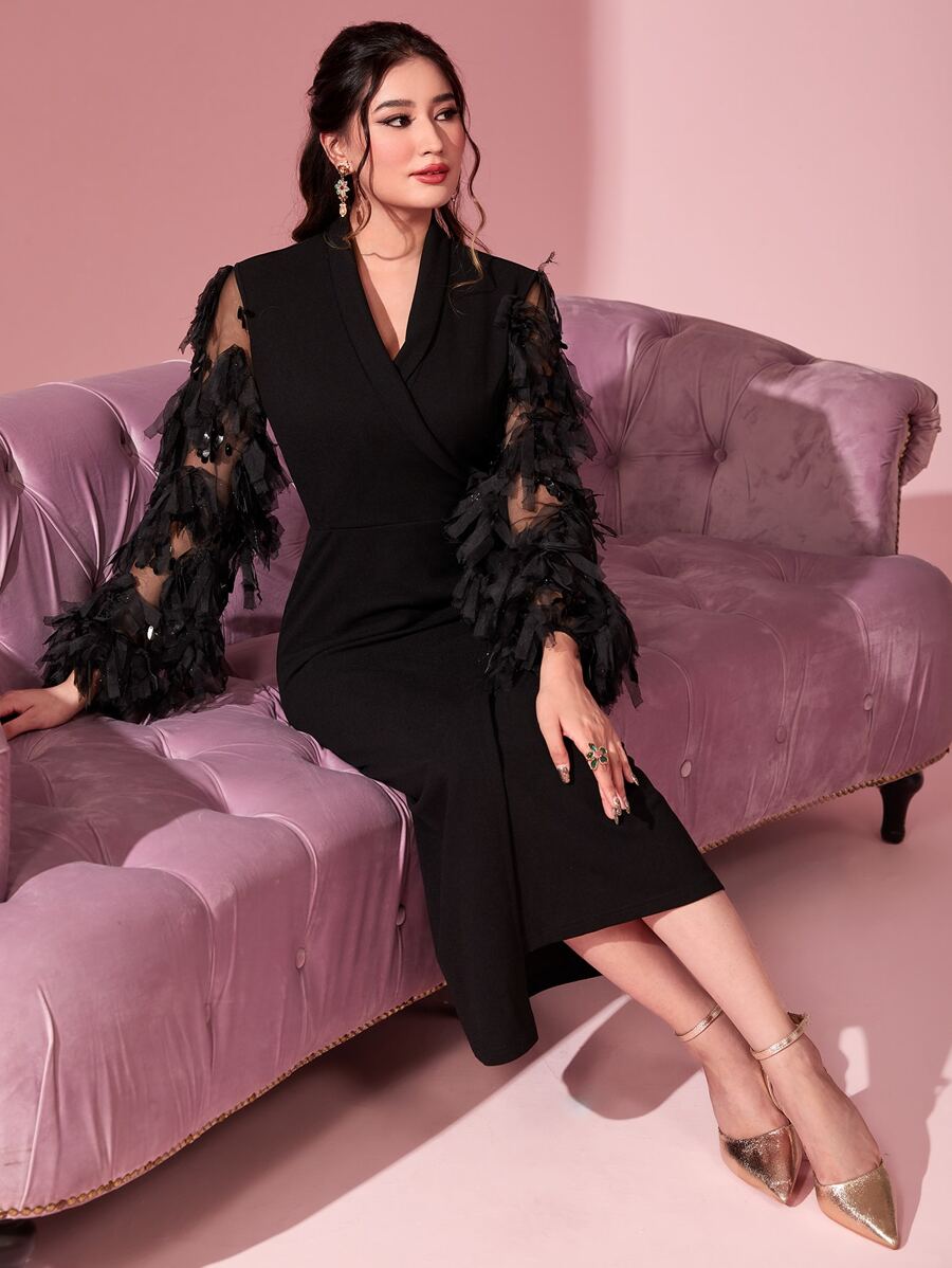 Modelyn Contrast Mesh Appliques Sleeve Dress | SHEIN USA