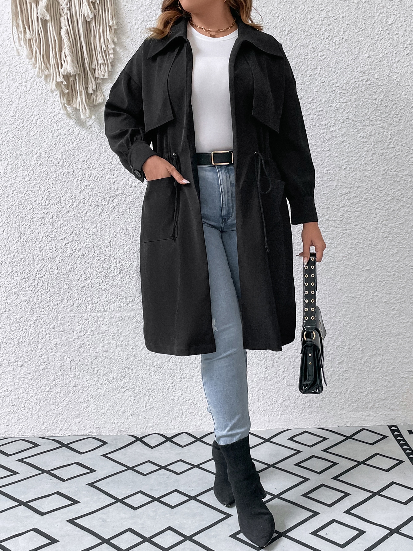 Plus Drop Shoulder Drawstring Waist Trench Coat | SHEIN USA