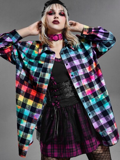PUNK Plus Gingham Print Colorblock Drop Shoulder Shirt for Sale ...