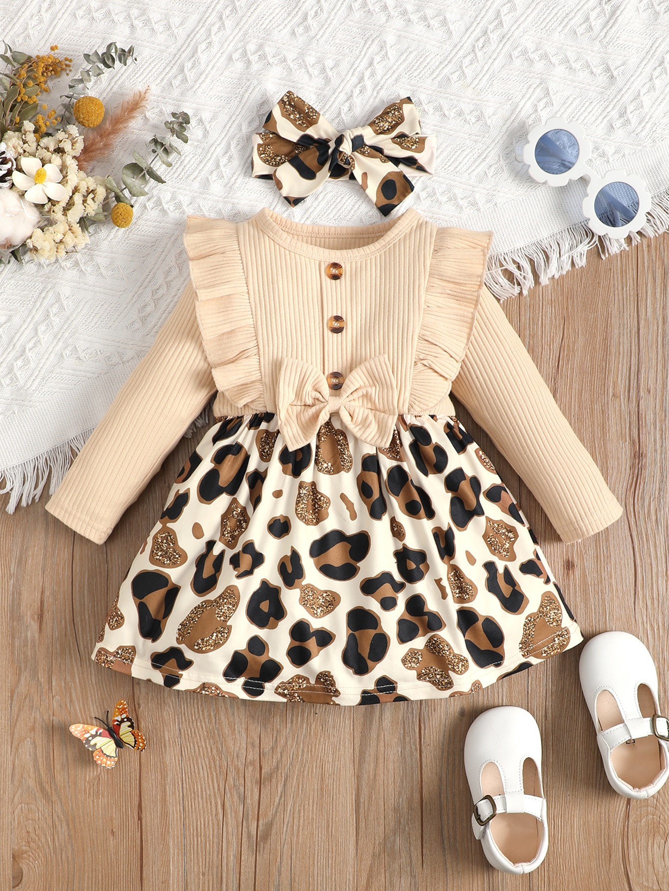 Baby Leopard Print Ruffle Trim Bow Front Dress With Headband