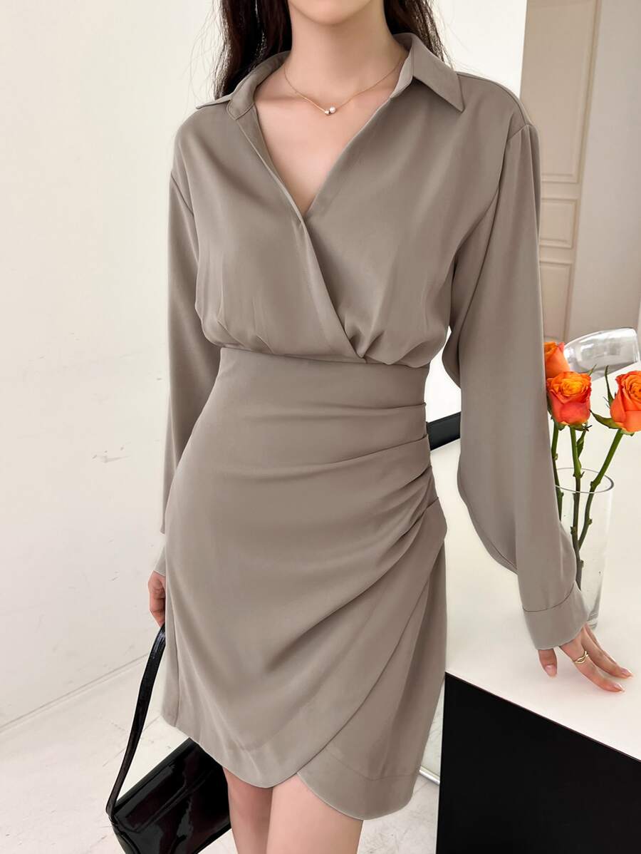 DAZY Solid Wrap Ruched Shirt Dress | SHEIN USA