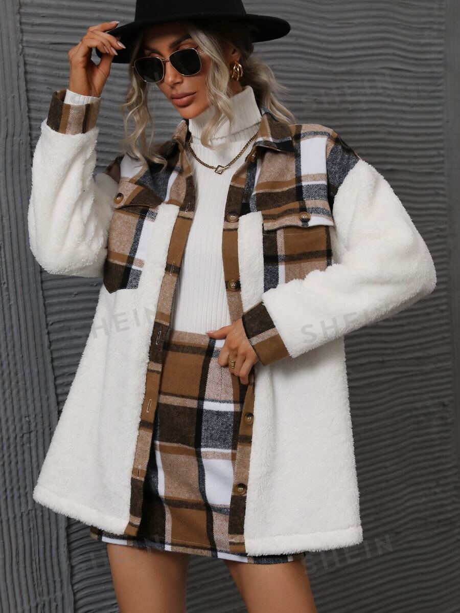 Shein Lune Plaid Flap Pocket Drop Shoulder Teddy Coat And Skirt Shein Eur